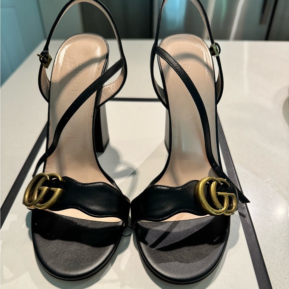 Gucci | Shoes | Gucci Black And Gold Marmont Leather Gg Block Sandal ...